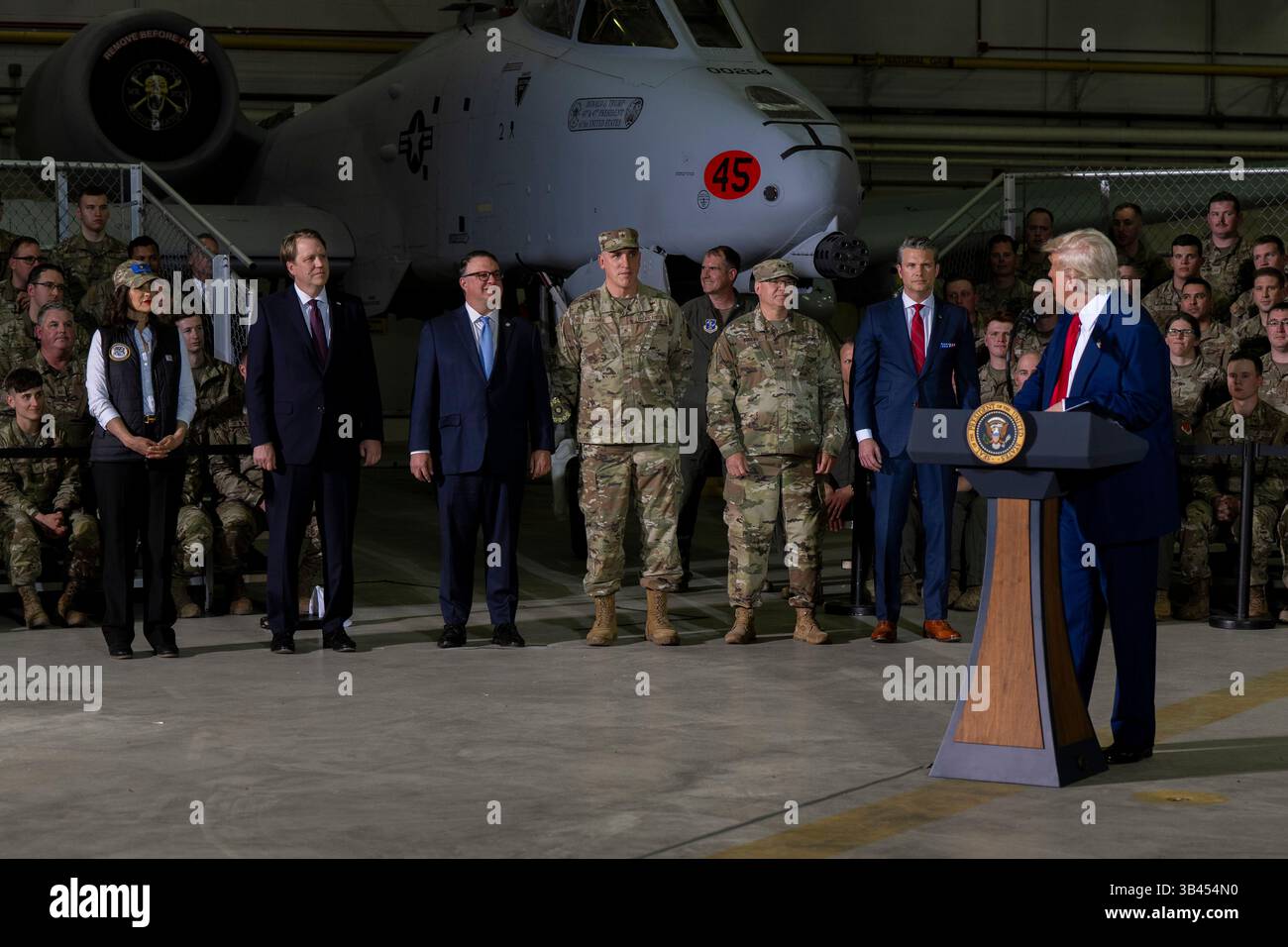 President Donald Trump delivers remarks to troops alongside Secretary ...