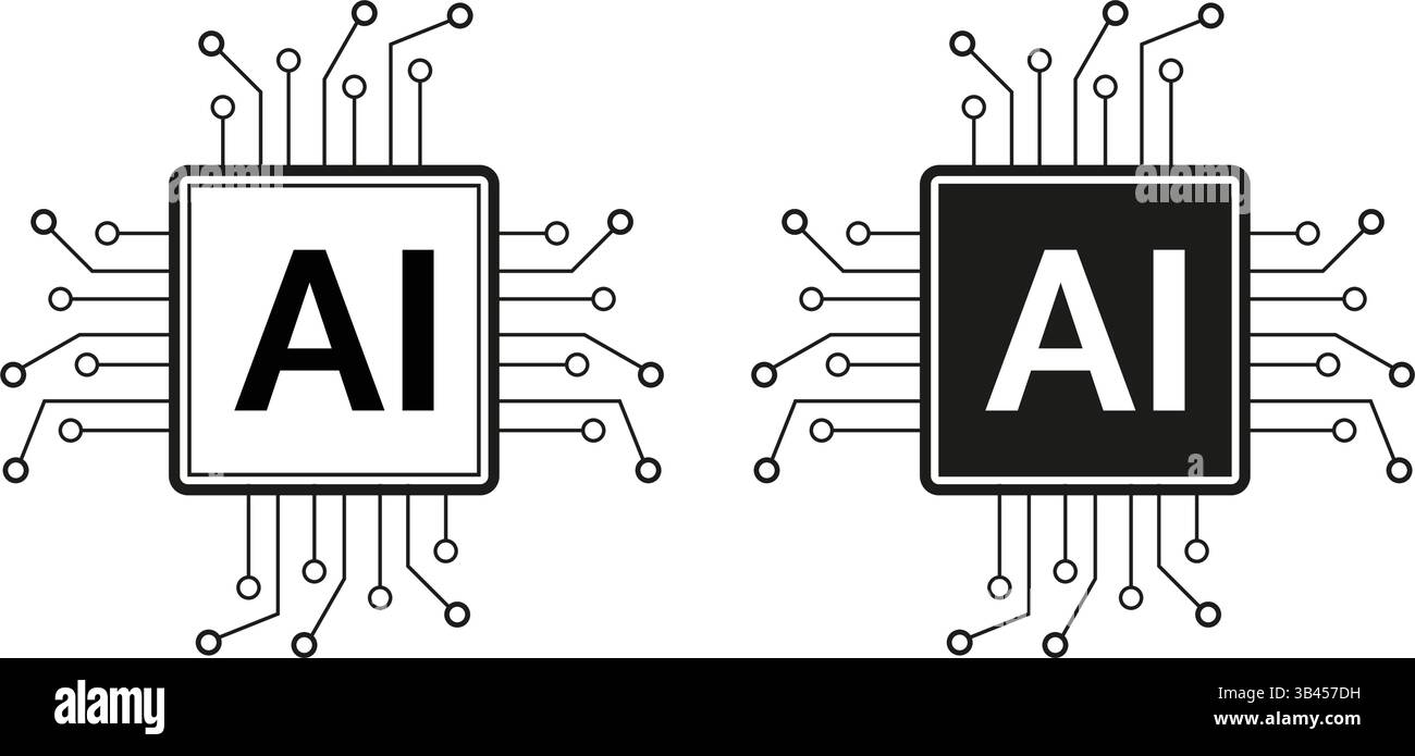 black and white ai microchip icons with electronic circuit lines representing artificial ...
