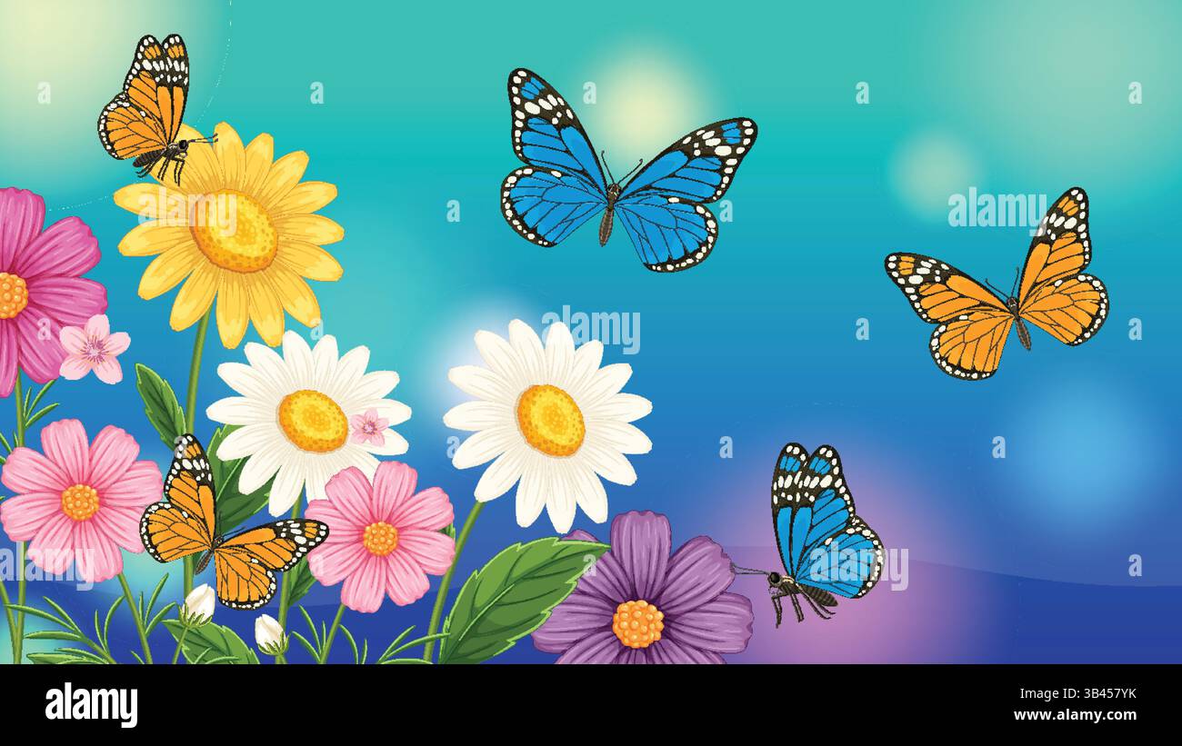 Colorful butterflies flutter among bright flowers against a gradient ...
