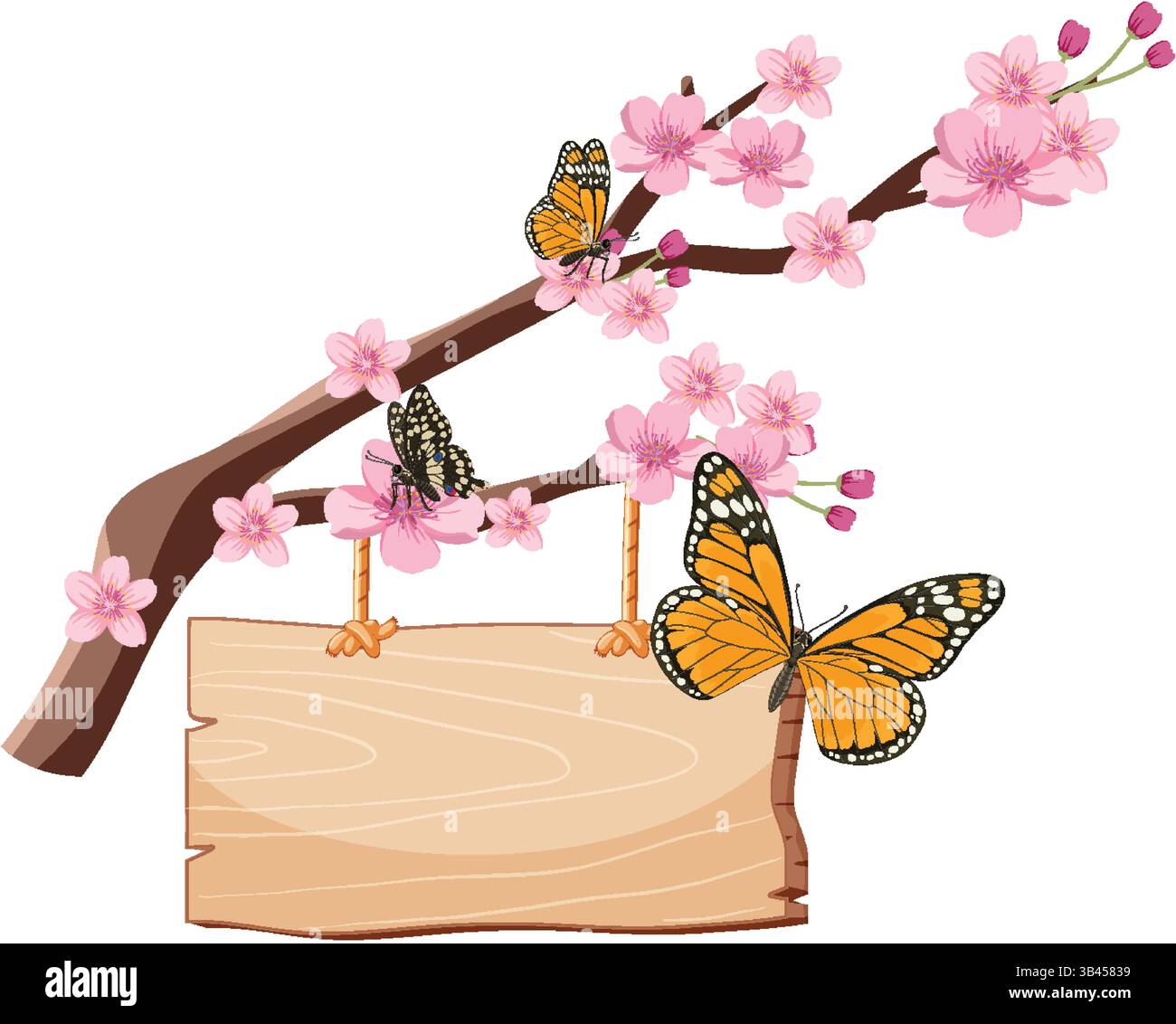 Vector illustration of cherry blossoms and butterflies on a branch with ...