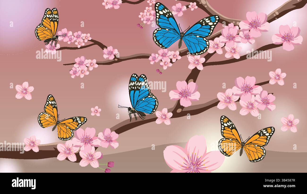 Vibrant butterflies flutter around cherry blossoms on branches. Soft ...