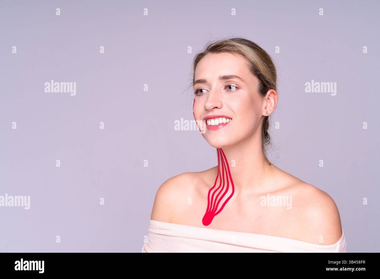 Photograph of the anatomy of the skin of the face and neck on a young ...