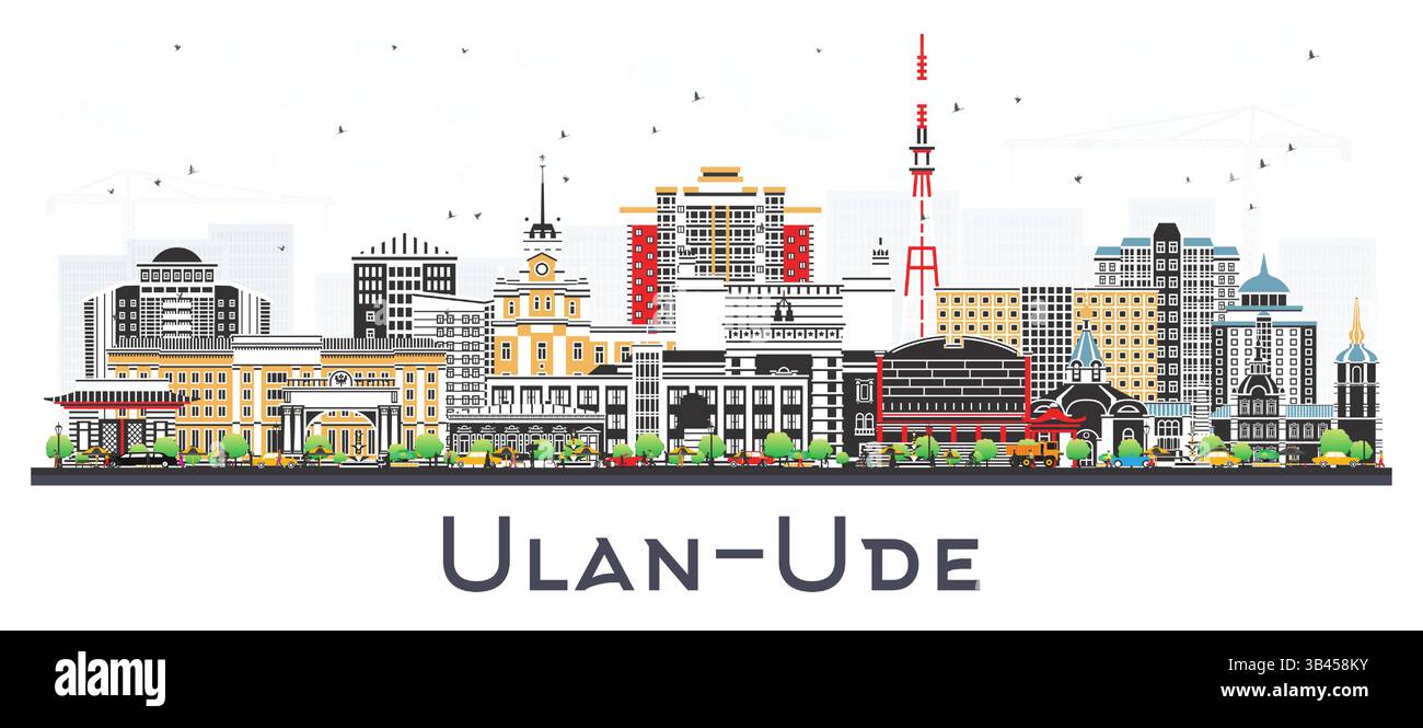 Ulan-Ude Russia city skyline with color buildings isolated on white. Vector illustration. Ulan ...