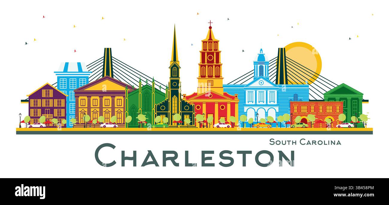 Charleston South Carolina City Skyline with Color Buildings isolated on ...