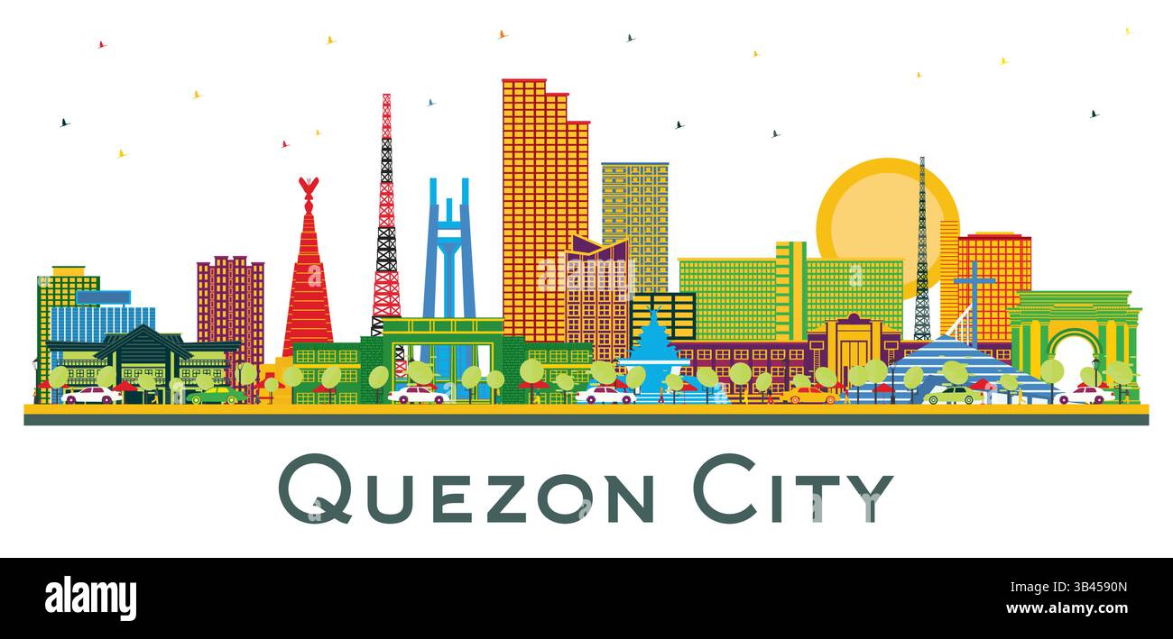 Quezon City Philippines City Skyline with Color Buildings isolated on ...