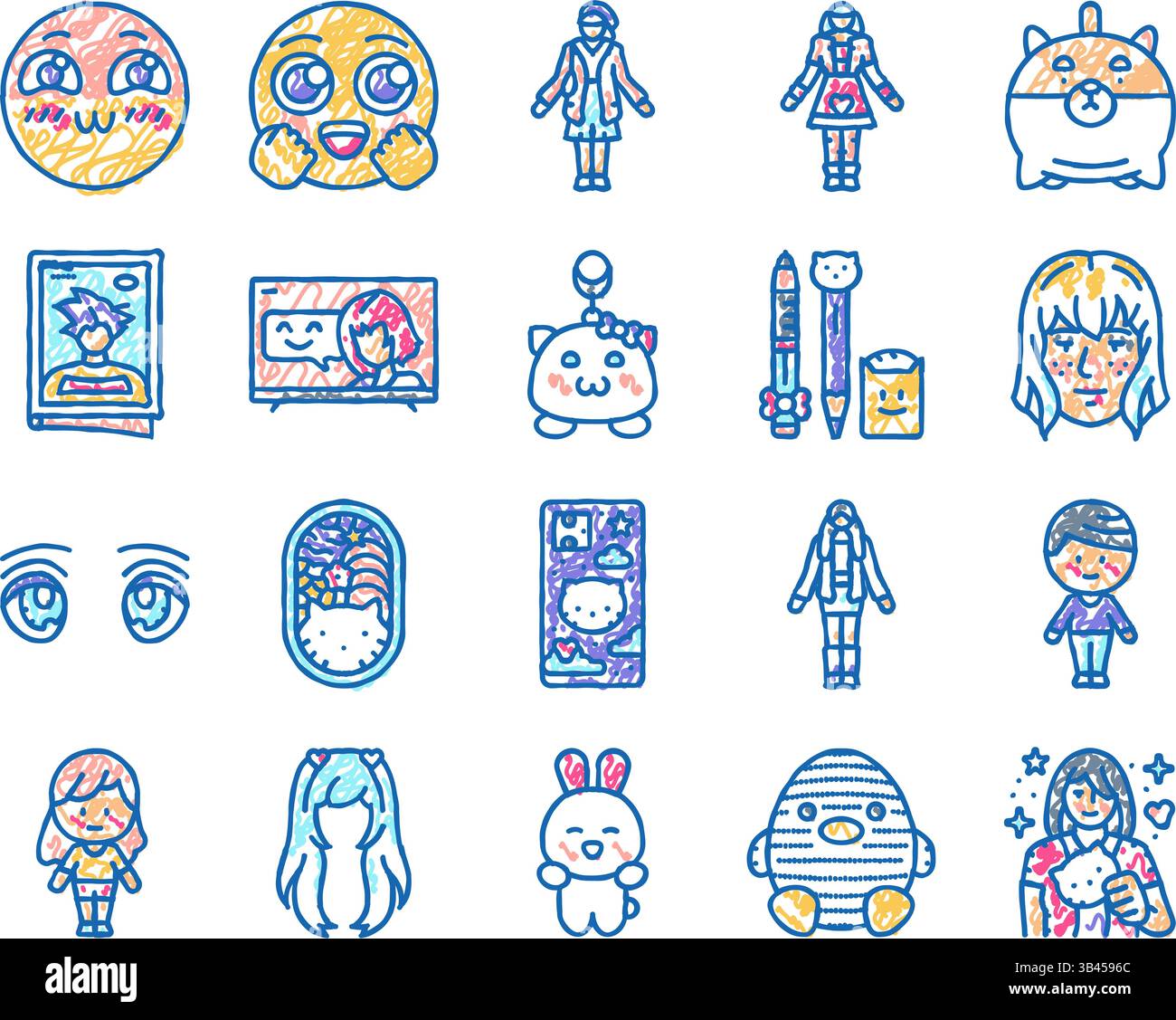 kawaii cute anime emoticon icons hand drawn Stock Vector Image & Art ...