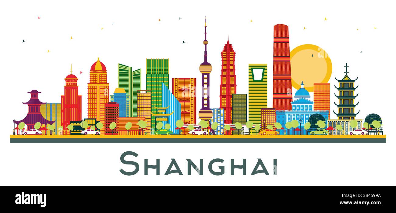 Shanghai China City Skyline with Color Buildings isolated on white ...