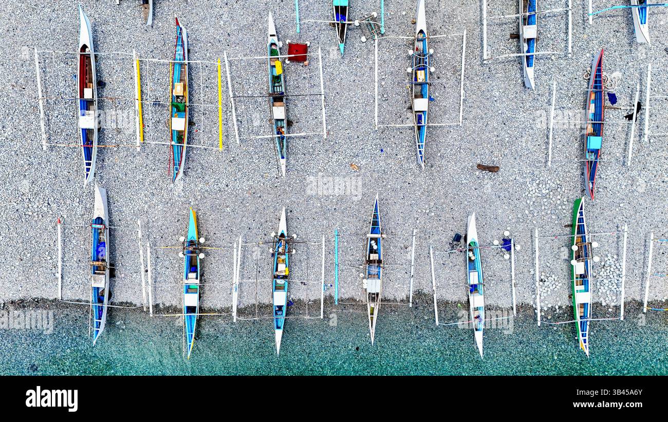 Mabua fishing boats, wooden traditional bancas aerial top down birds ...