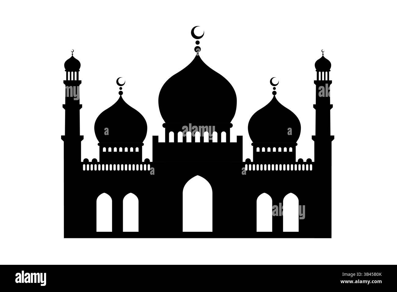 Black silhouette of a mosque featuring domes, crescent moons, and a ...
