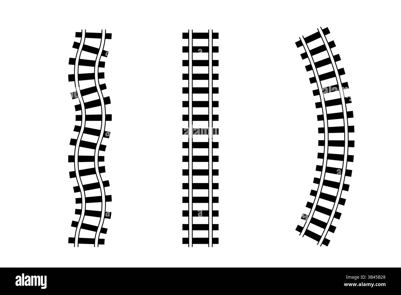 Black railway tracks in straight, wavy, and curved designs, symbolizing transportation and ...