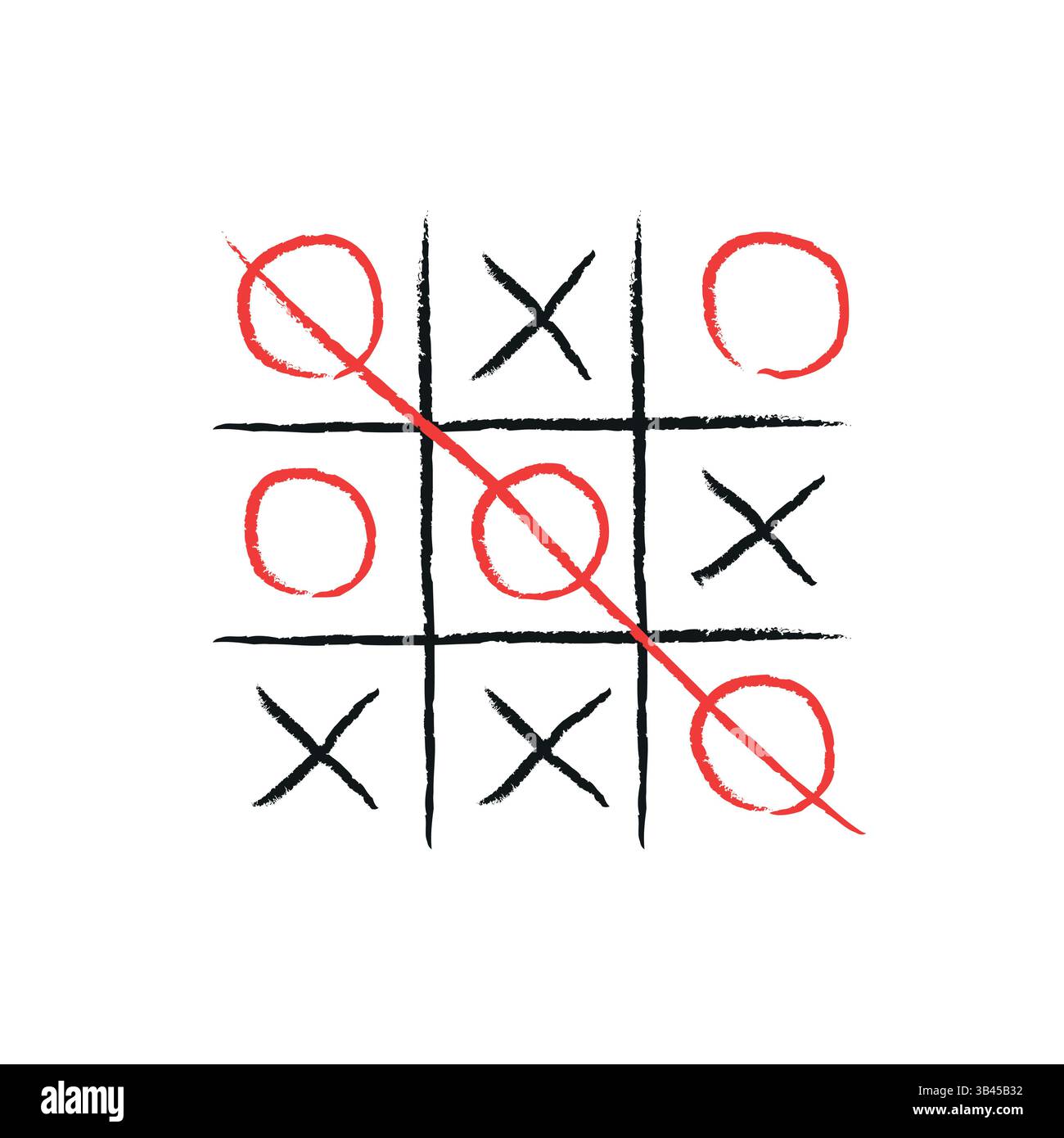 A hand drawn tic tac toe game with a diagonal winning move highlighted ...