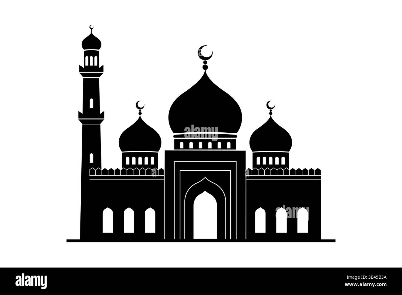Black silhouette of a mosque featuring domes, crescent moons, and a ...