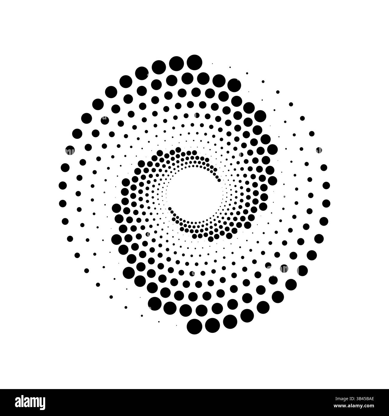 Abstract black dots spiraling inward to a central opening, forming a ...