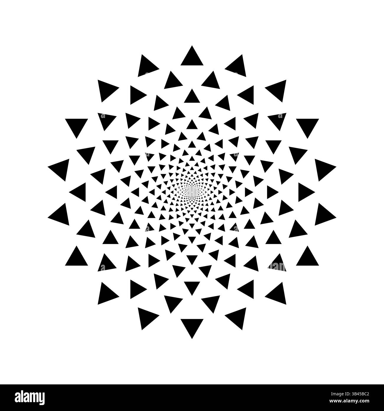 Abstract spiral pattern formed by black triangles pointing inward, creating depth and visual ...