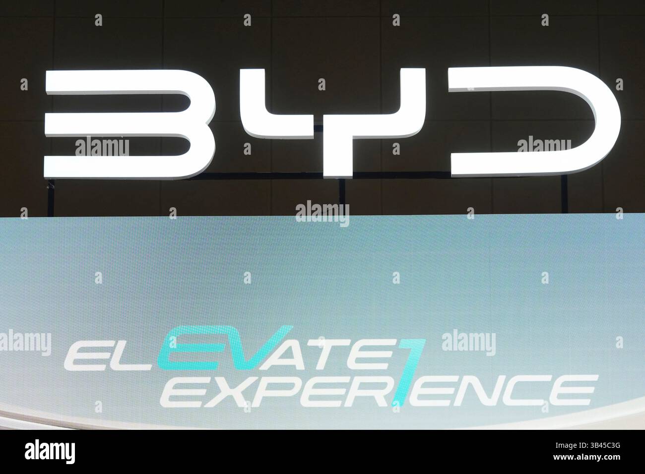 The logo of Chinese automaker BYD is displayed during an electric ...
