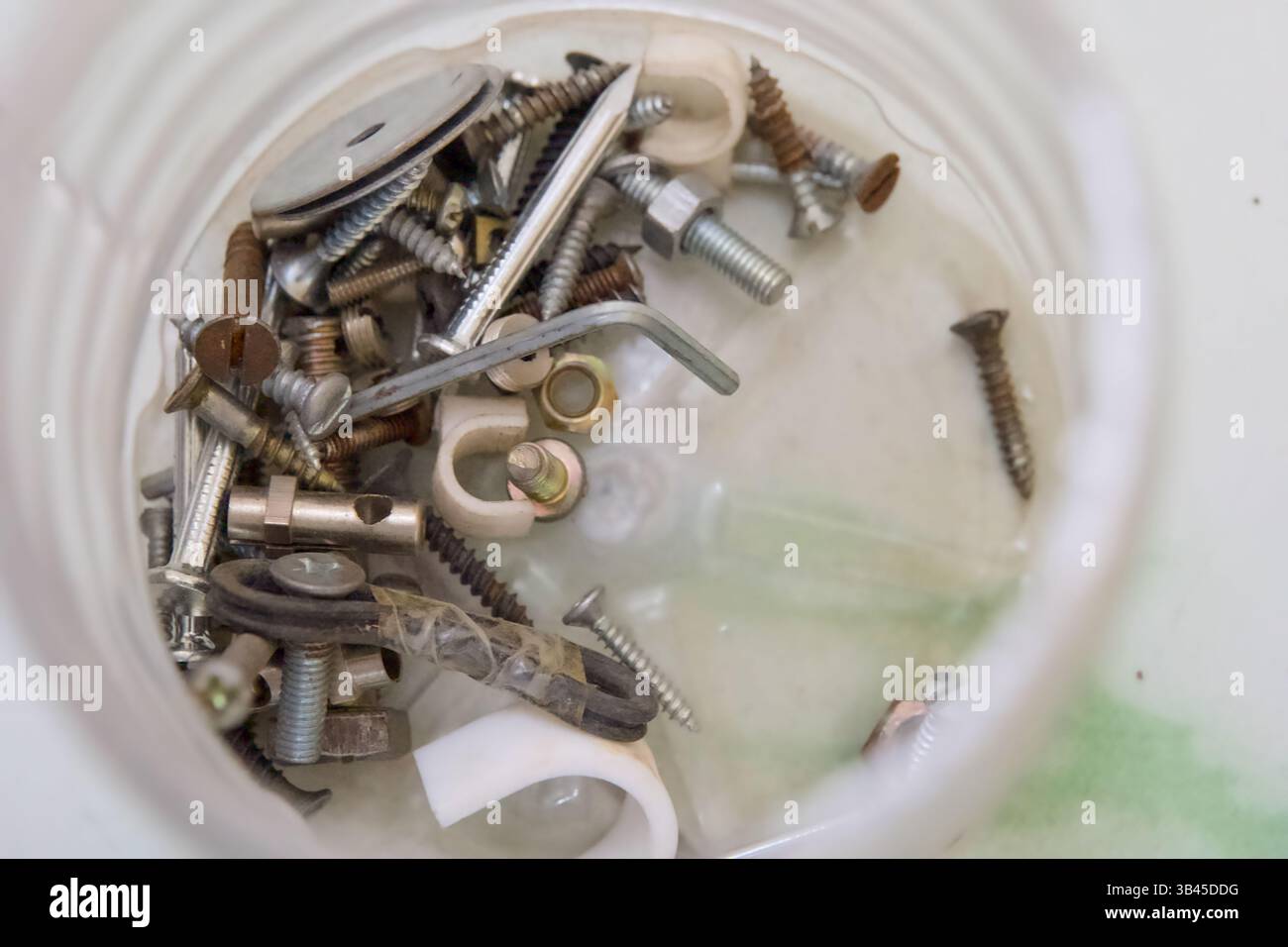 A variety of screws, bolts, and fasteners are organized within a clear ...