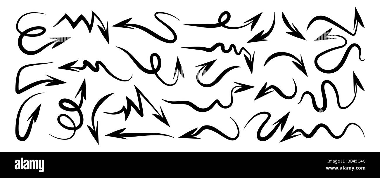 Hand drawn black arrows with curvy lines. Scribble isolated wavy ...