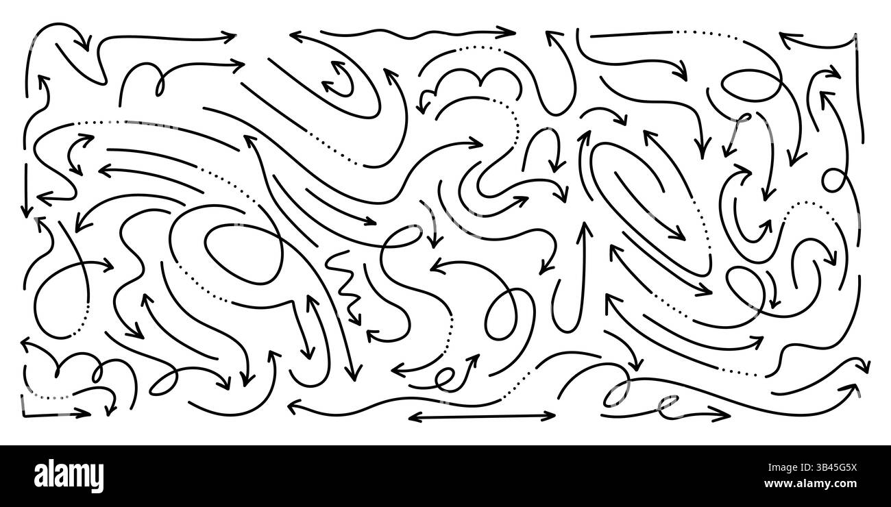 Set of Hand drawn arrows with curvy lines. Scribble isolated wavy ...