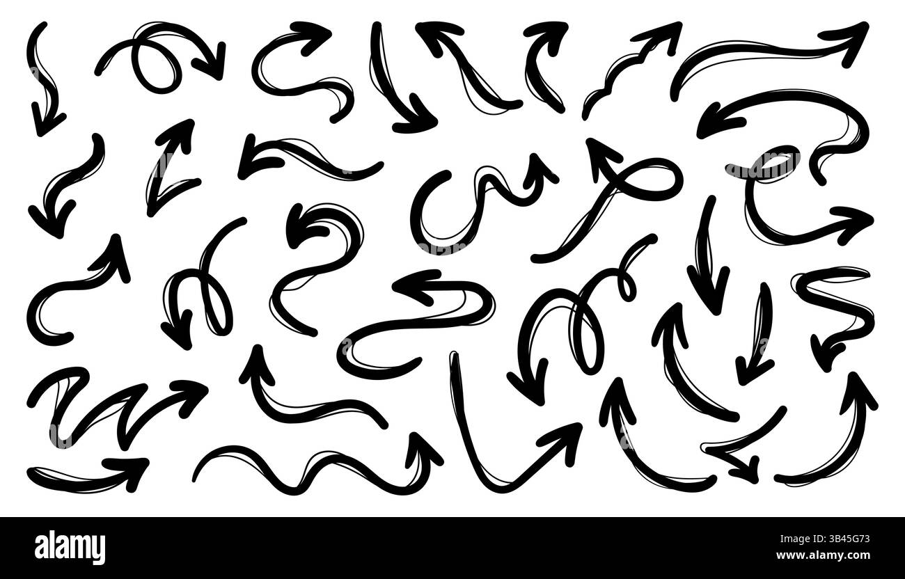 Hand drawn arrows with curvy lines. Scribble isolated wavy pointers ...