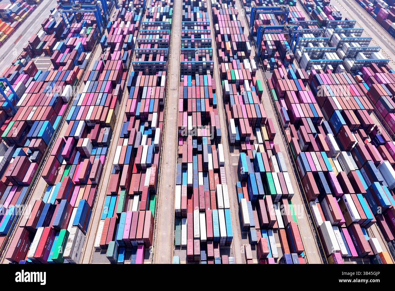 Foreign trade containers piled up at the Qingdao Port Yard in Qingdao ...