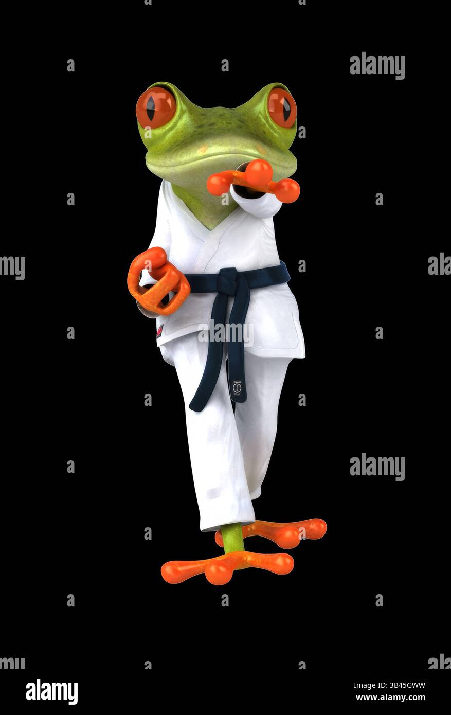 Fun 3D cartoon karateka frog doing a jodan age uke Stock Photo - Alamy