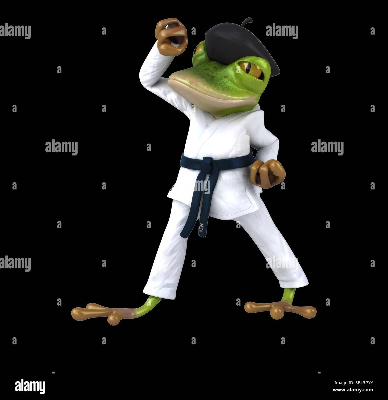 Fun 3D cartoon karateka frog doing a jodan age uke Stock Photo - Alamy
