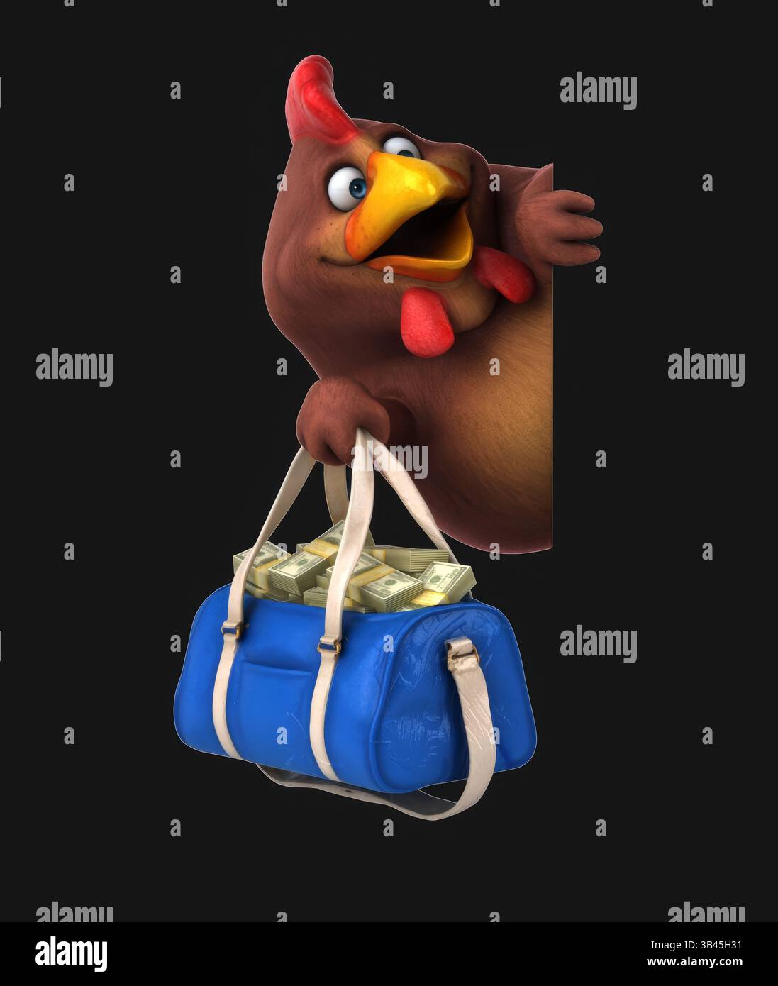 Fun 3D cartoon chicken with a bag of money Stock Photo - Alamy