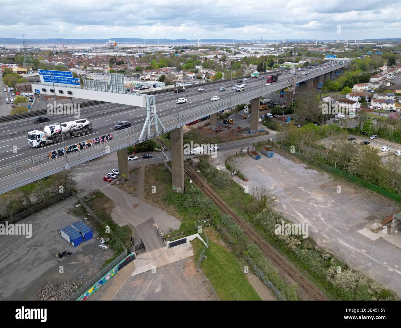 Aerial drone view of M5 Motorway on Avonmouth flyover and Avonmouth ...