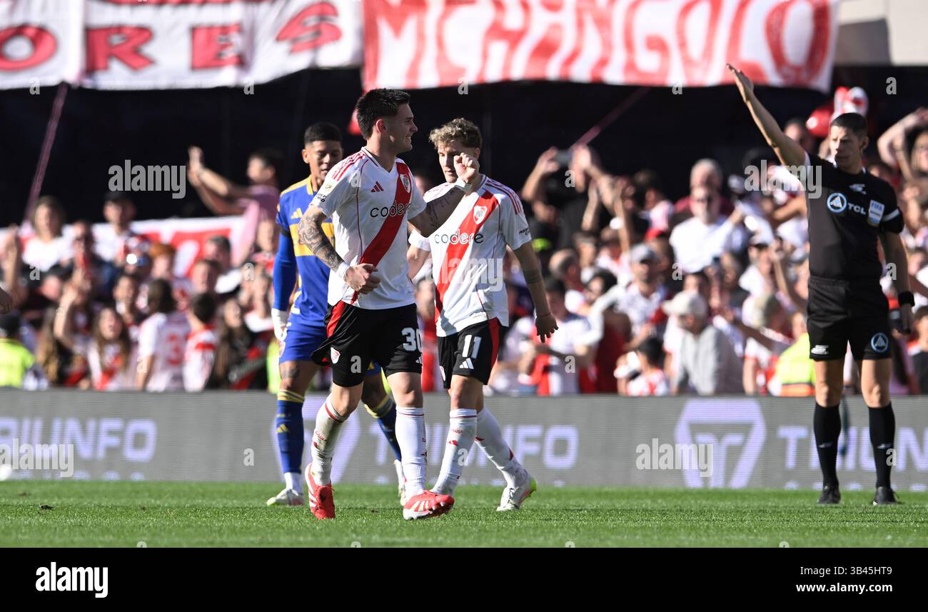 BUENOS AIRES, ARGENTINA - APRIL 27: Franco Mastantuono of River Plate goal celebration during ...