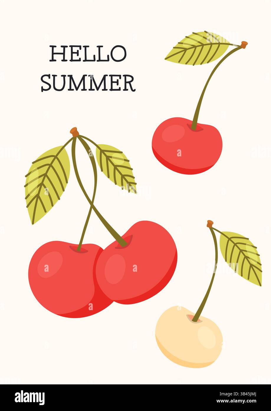 Vector image of red and yellow cherries with leaves and "Hello Summer ...