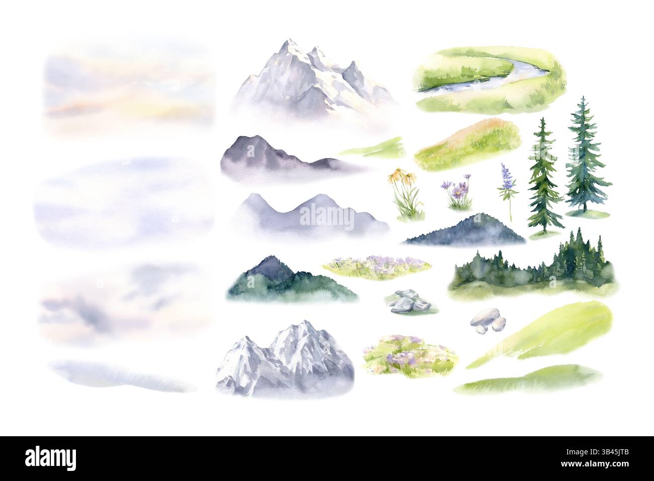 Mountain landscape collection of elements isolated on white background ...