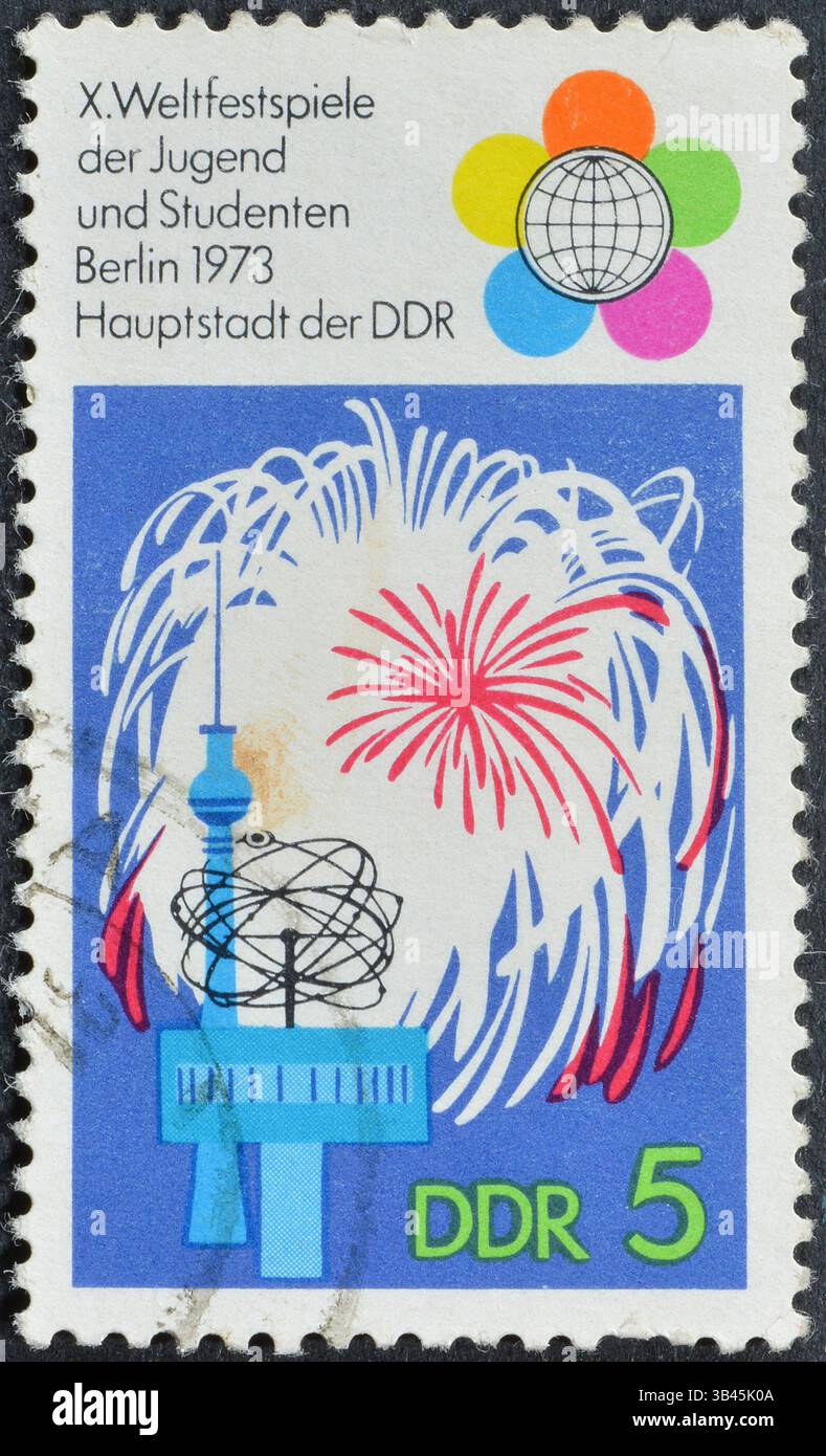 Cancelled postage stamp printed by DDR, that celebrates World Festival ...