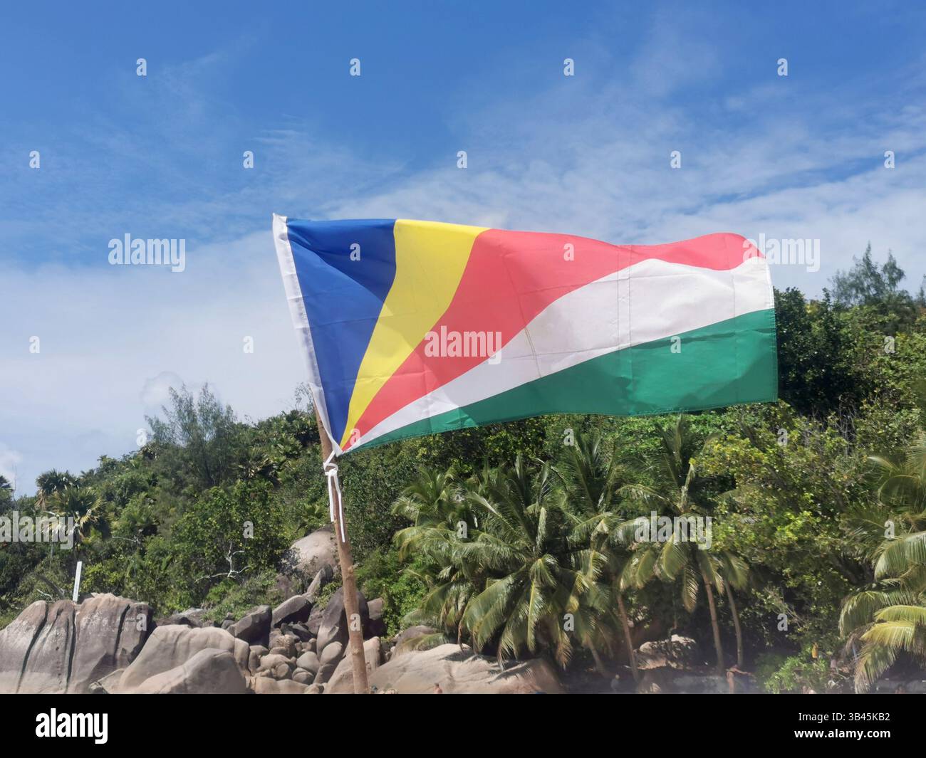 Praslin, Seychelles. 28th Feb, 2025. A Seychelles flag flies on the ...