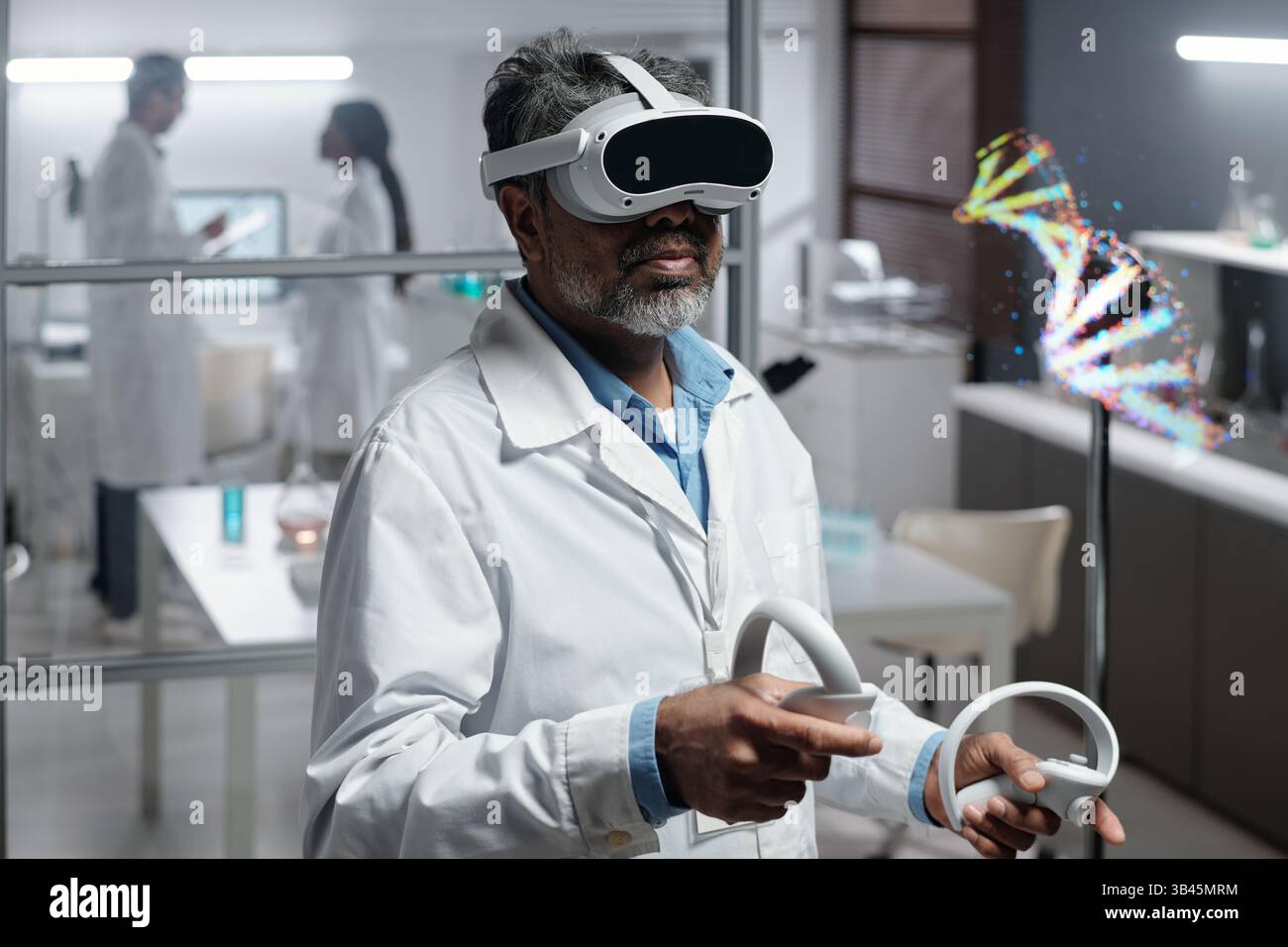 Scientist wearing VR headset is conducting experiment in laboratory ...