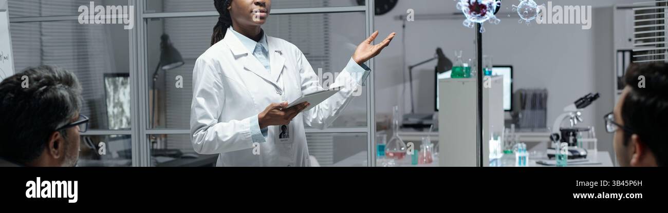 Scientist presenting advanced biomedical research findings in modern ...