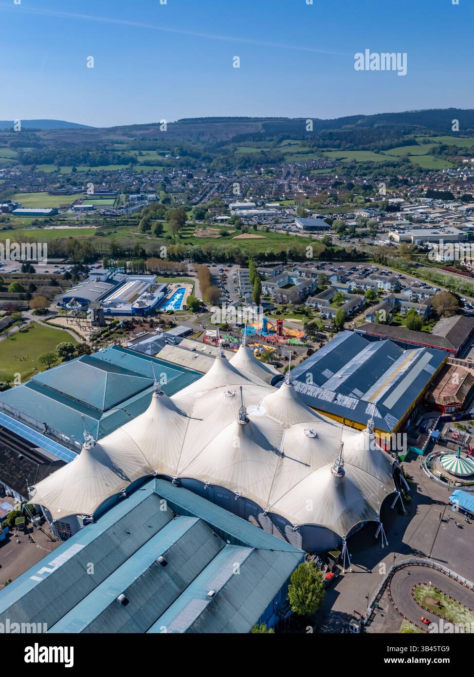 Minehead, UK. 29 April 2025: Aerial view of the Butlin’s holiday resort ...