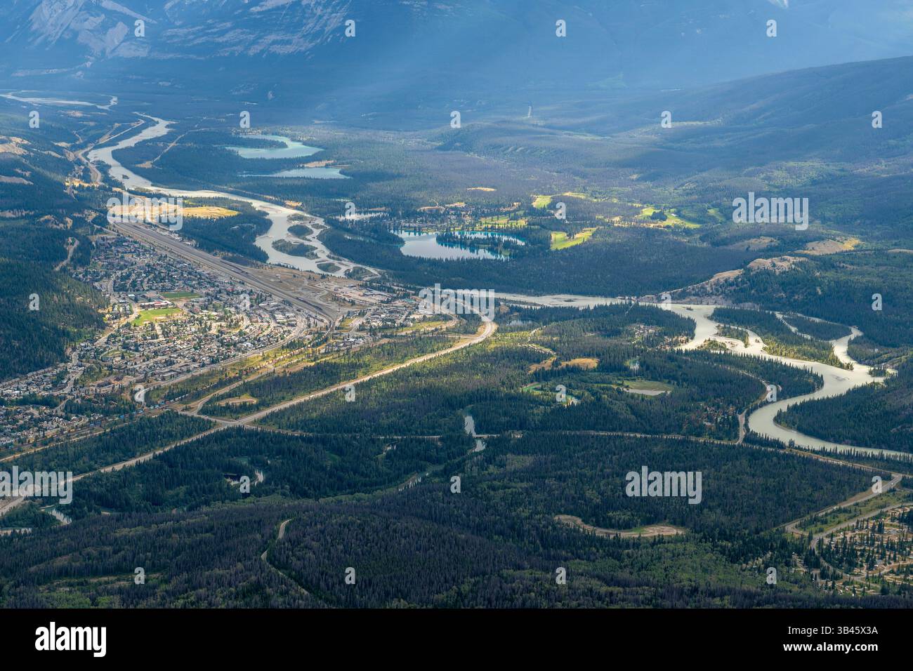 Aerial landscape of Jasper town and Athabasca river from Whistlers ...