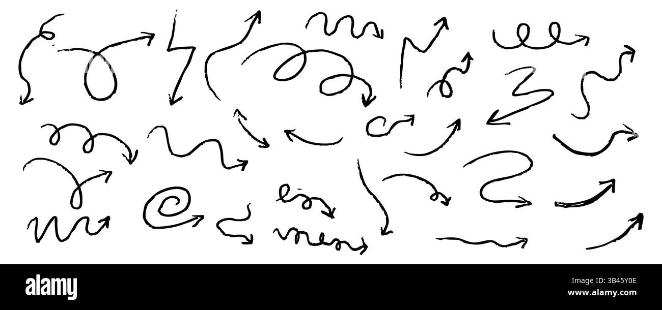 Arrow crayon chalk hand drawn doodle grunge line set. Cursor scribble ...