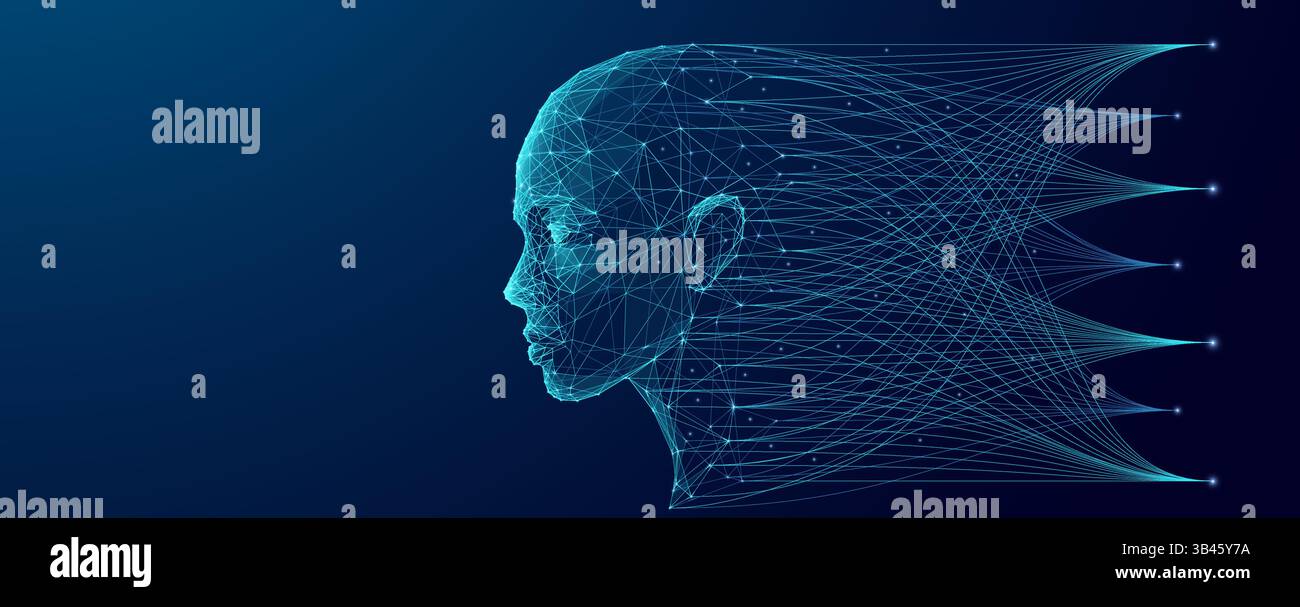 Abstract human face side view and Big Data flow on tech background ...
