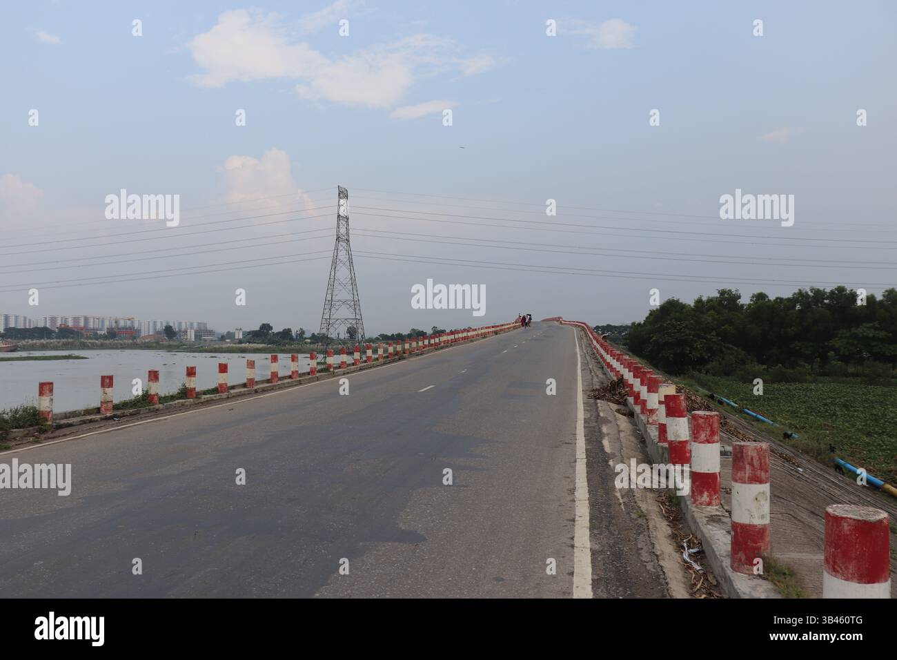 View of gray asphalt road on a bridge, secured with cylindrical red and ...