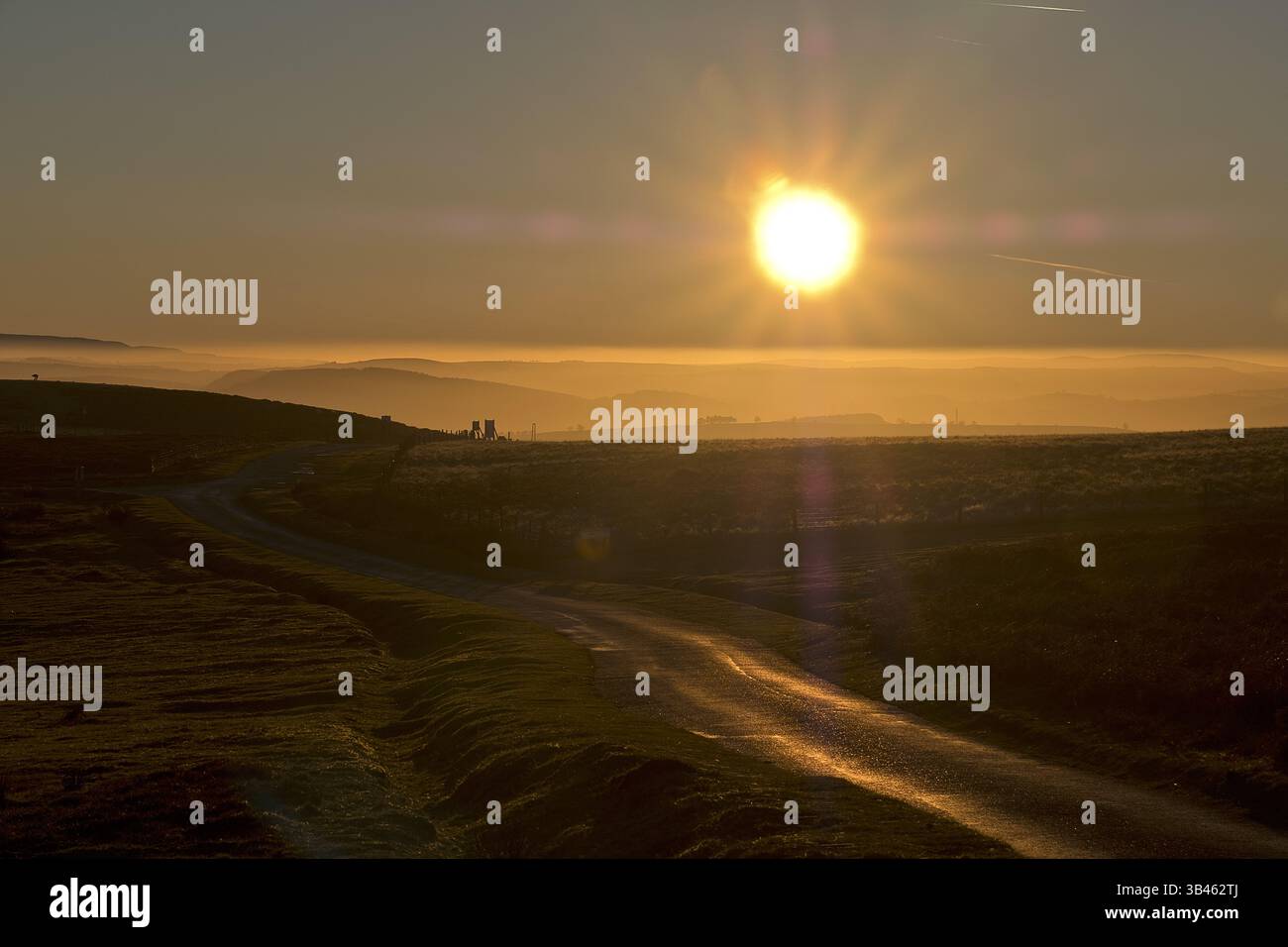 The Long Mynd Glider Station from the roadside at sunset. Launch point ...