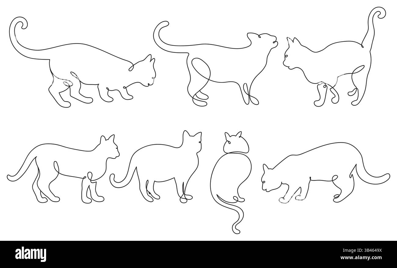Cats Set in Continuous One Line Drawing Style. Creative Outline Cat ...