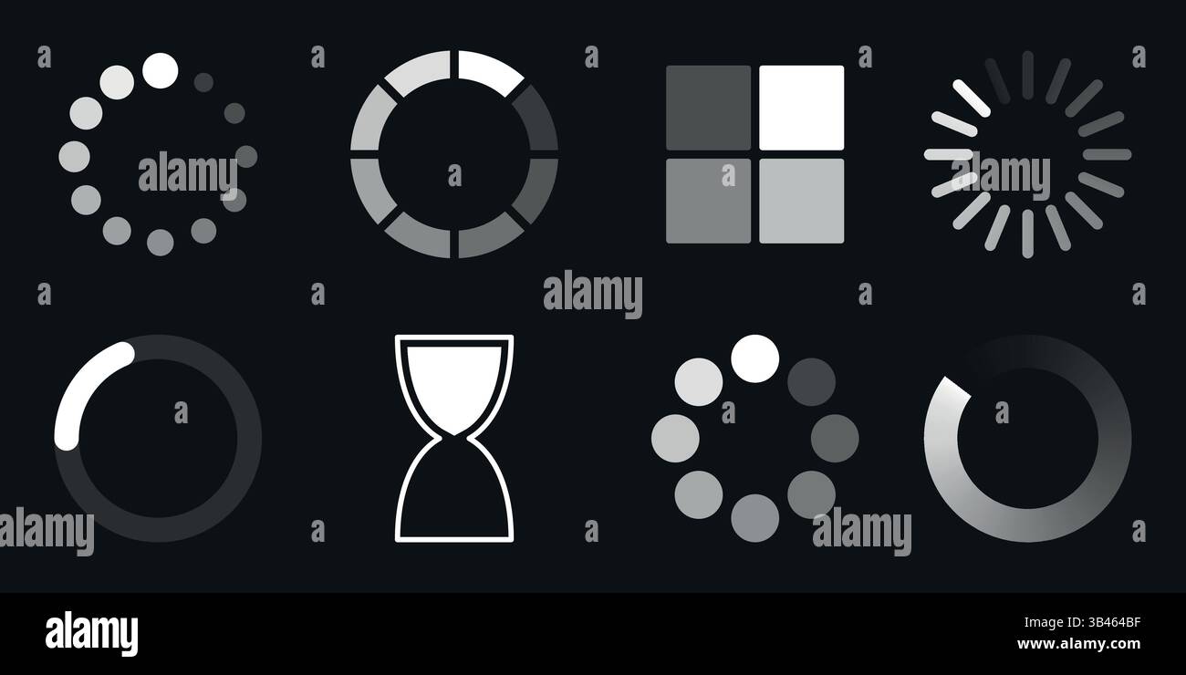 A set of various black and white loading icons, including spinning circles, bars, and hourglass ...