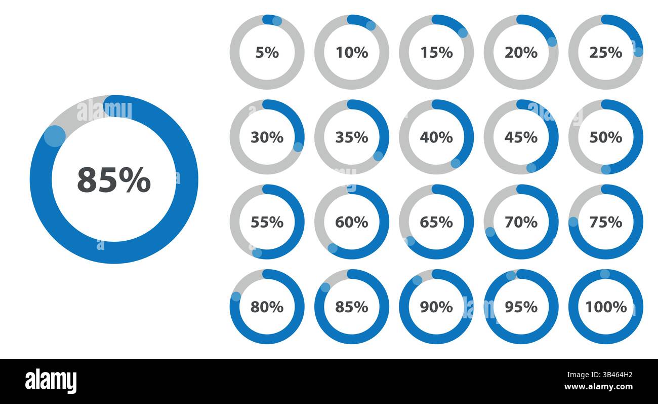 A collection of blue circular progress charts displaying percentages ...