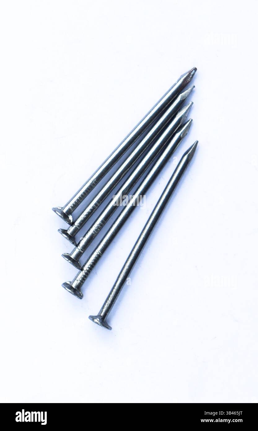 Close-up showing steel nails in an arranged pile set against a clean ...