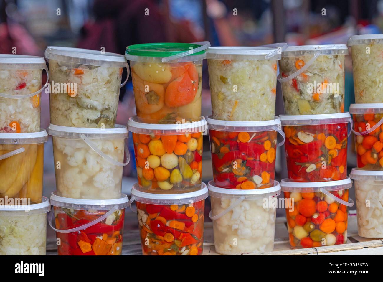 Pickled Mix Vegetables Preserve in Plastic Buckets at Farmers Market ...