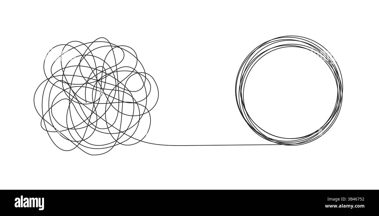 Black and white line drawing representing transformation from chaos to ...