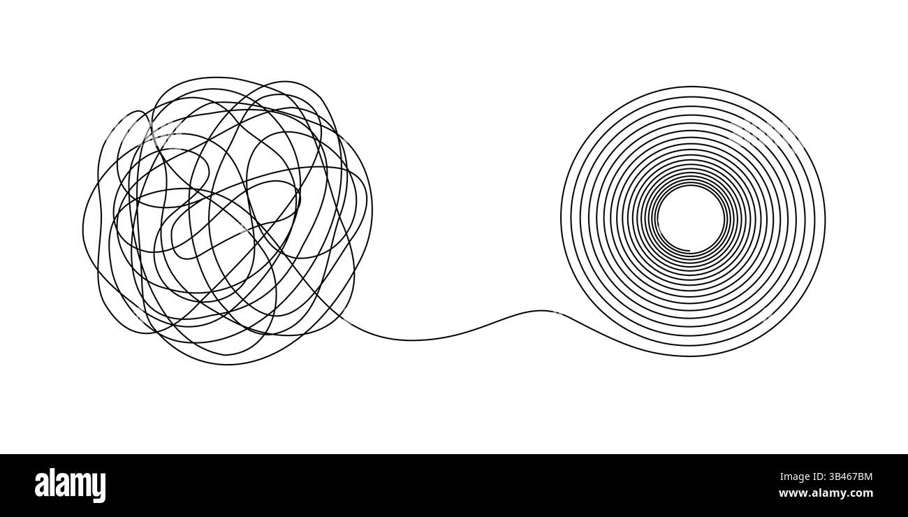 Black and white line drawing representing transformation from chaos to ...