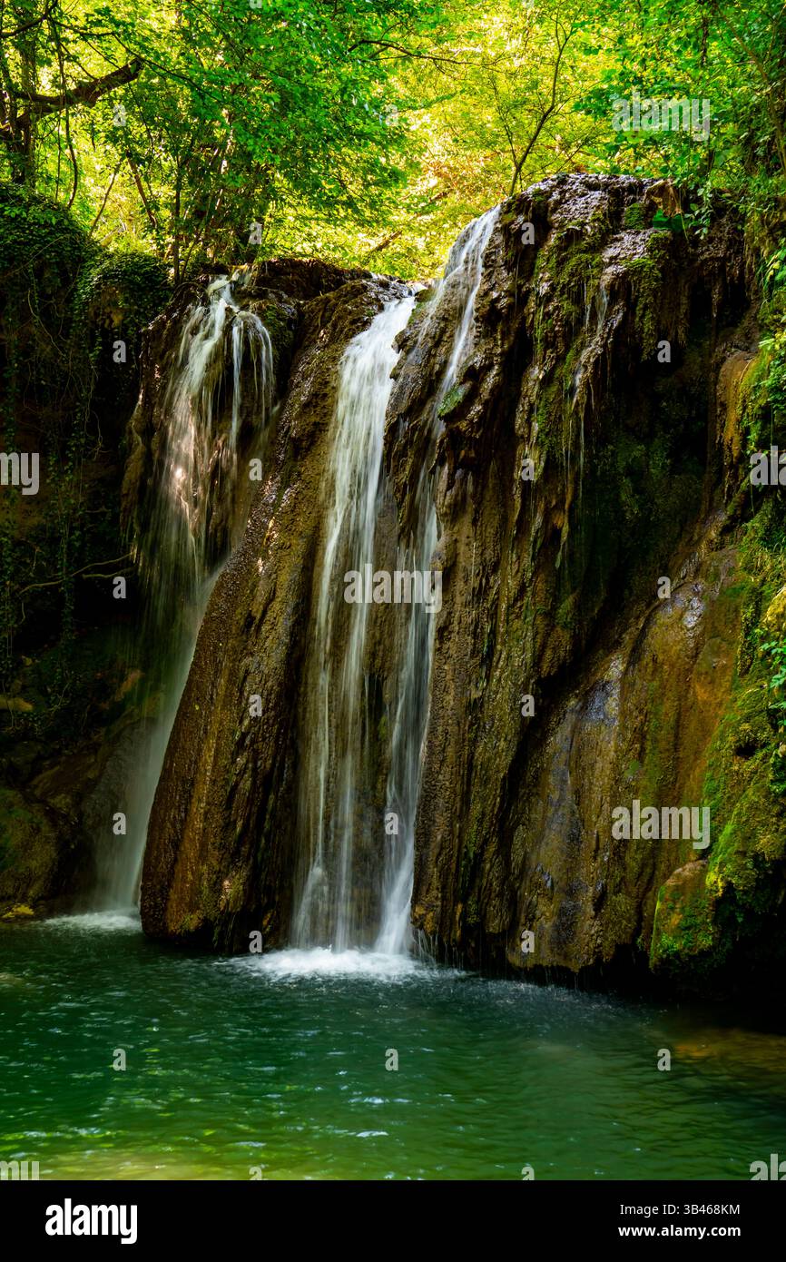A breathtaking waterfall flows gracefully into a tranquil pool, surrounded by vibrant greenery ...