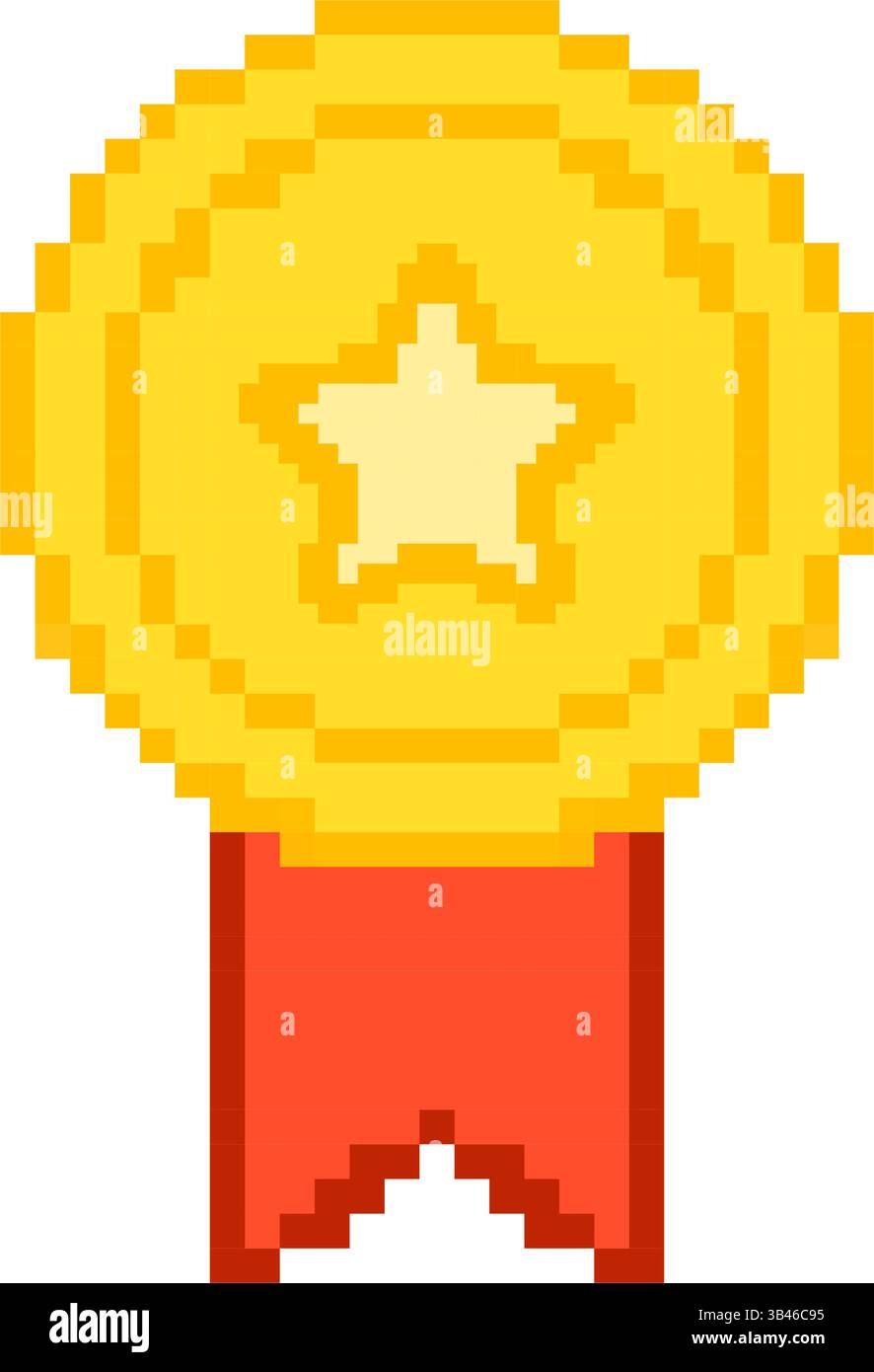 Gold Medal With Star And Ribbon Pixelated Icon. Pixel Art Symbol Of ...